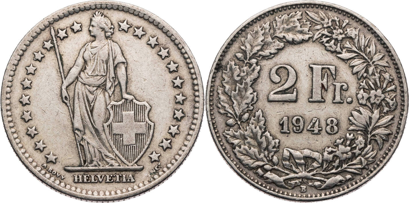 Schweiz 2 Franken 1948 B Helvetia - Kursmünze (1874-1967) VF | MA-Shops