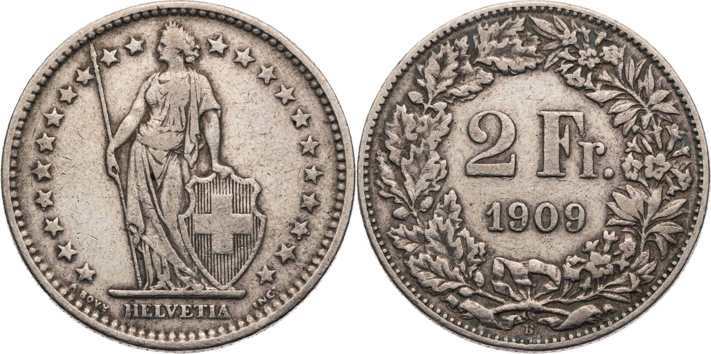 Schweiz 2 Franken 1909 B Helvetia - Kursmünze (1874-1967) VF | MA-Shops