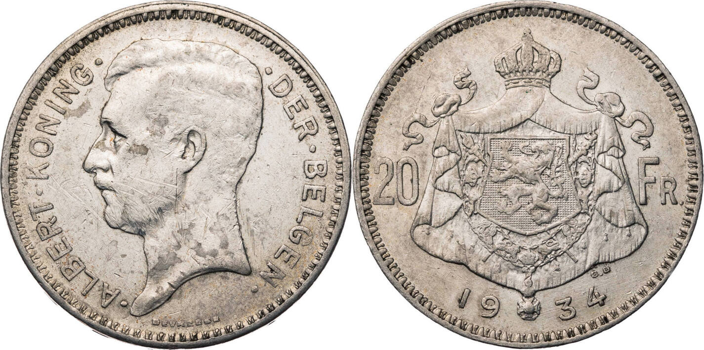Belgien 20 Frank / Francs 1934 Albert I. (1909-1934) VF Kratzer | MA-Shops