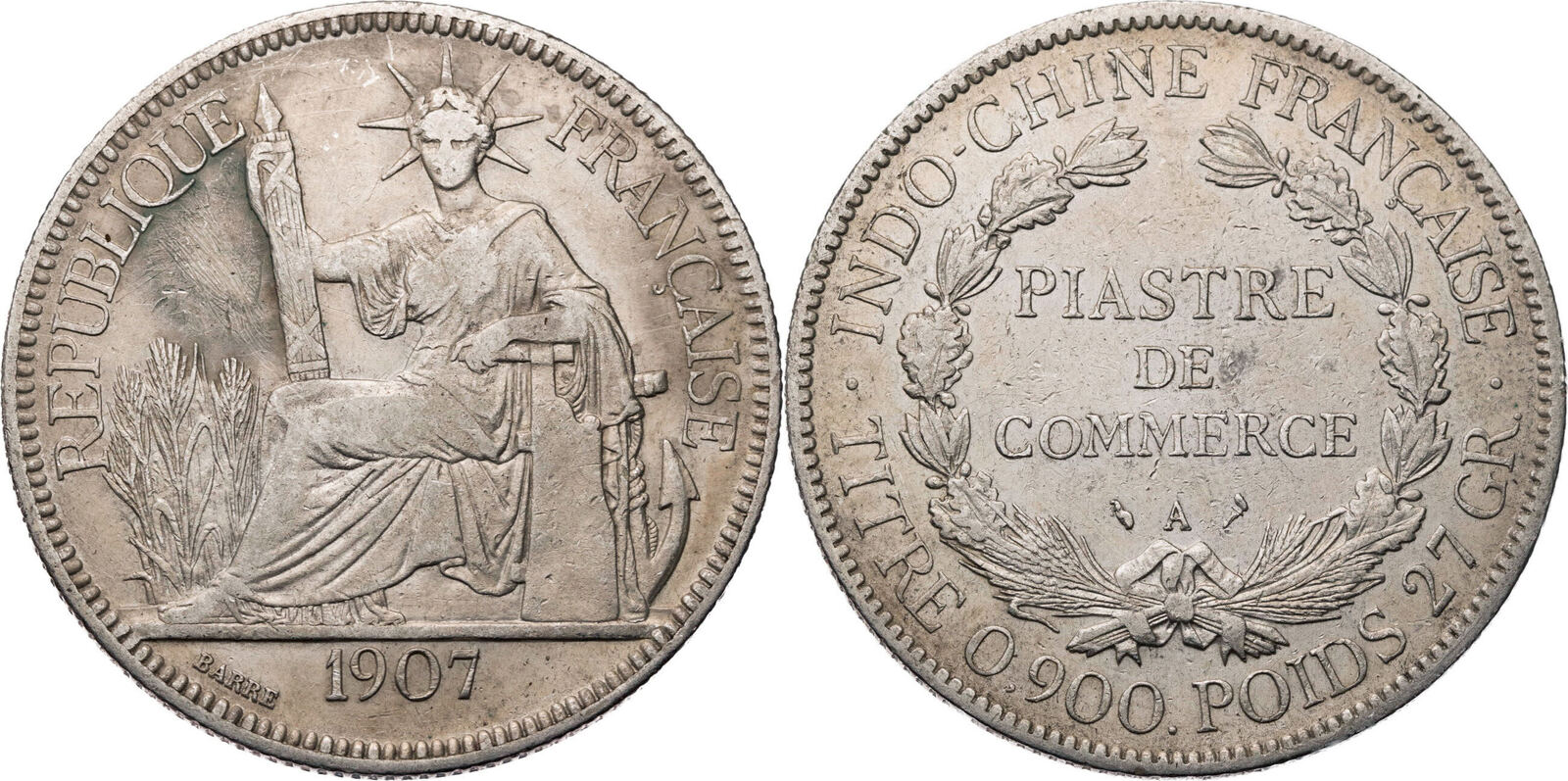 Indochina, Frankreich 1 Piaster 1907 A Kursmünze (1885-1928) F-VF, Rf ...