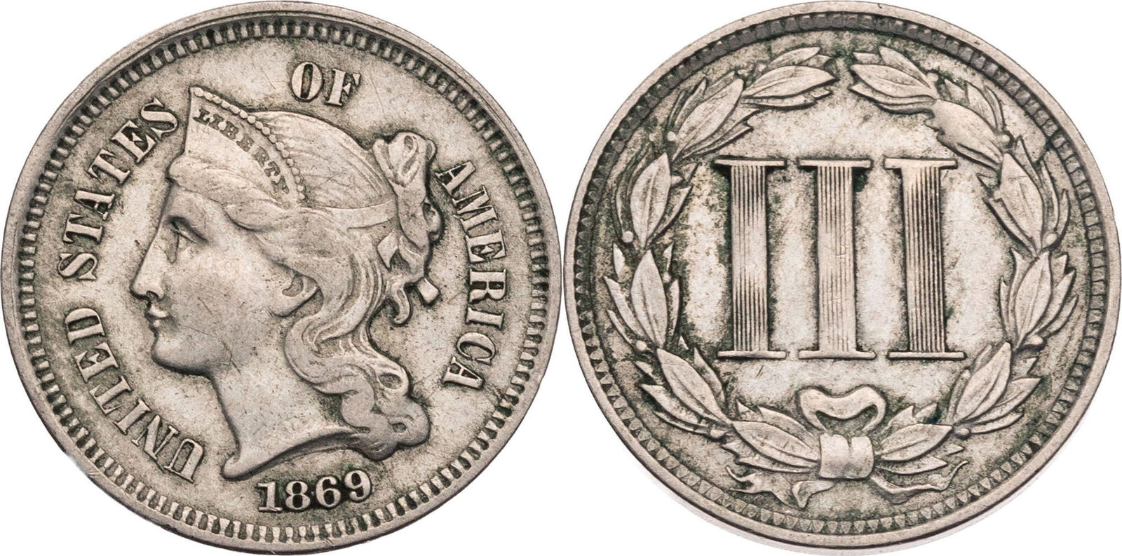 USA 3 Cents 1869 Three Cent Nickel VF | MA-Shops