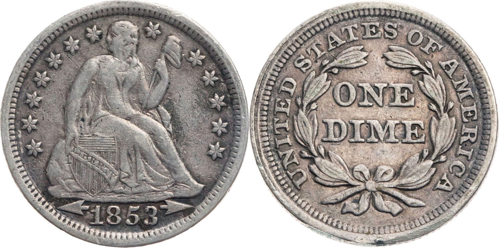 USA 1853 Seated Liberty Dime - Kursmünze (1853-1855) with Arrows VF ...
