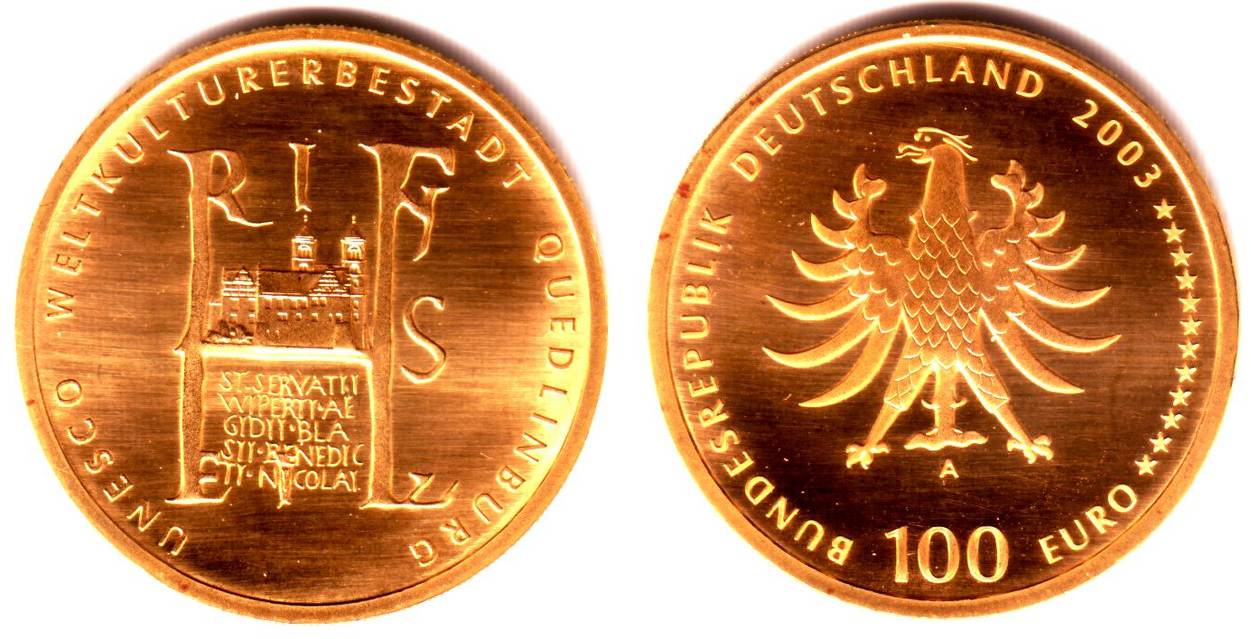 Deutschland 100 Euro 2003 J 1 2 Unze Goldm nze Quedlinburg BU MS65