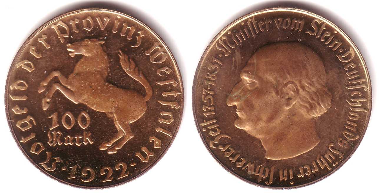 Provinz Westfalen 1922 100 Mark Kupfer/Zink-Notgeldmünze vergoldet ...