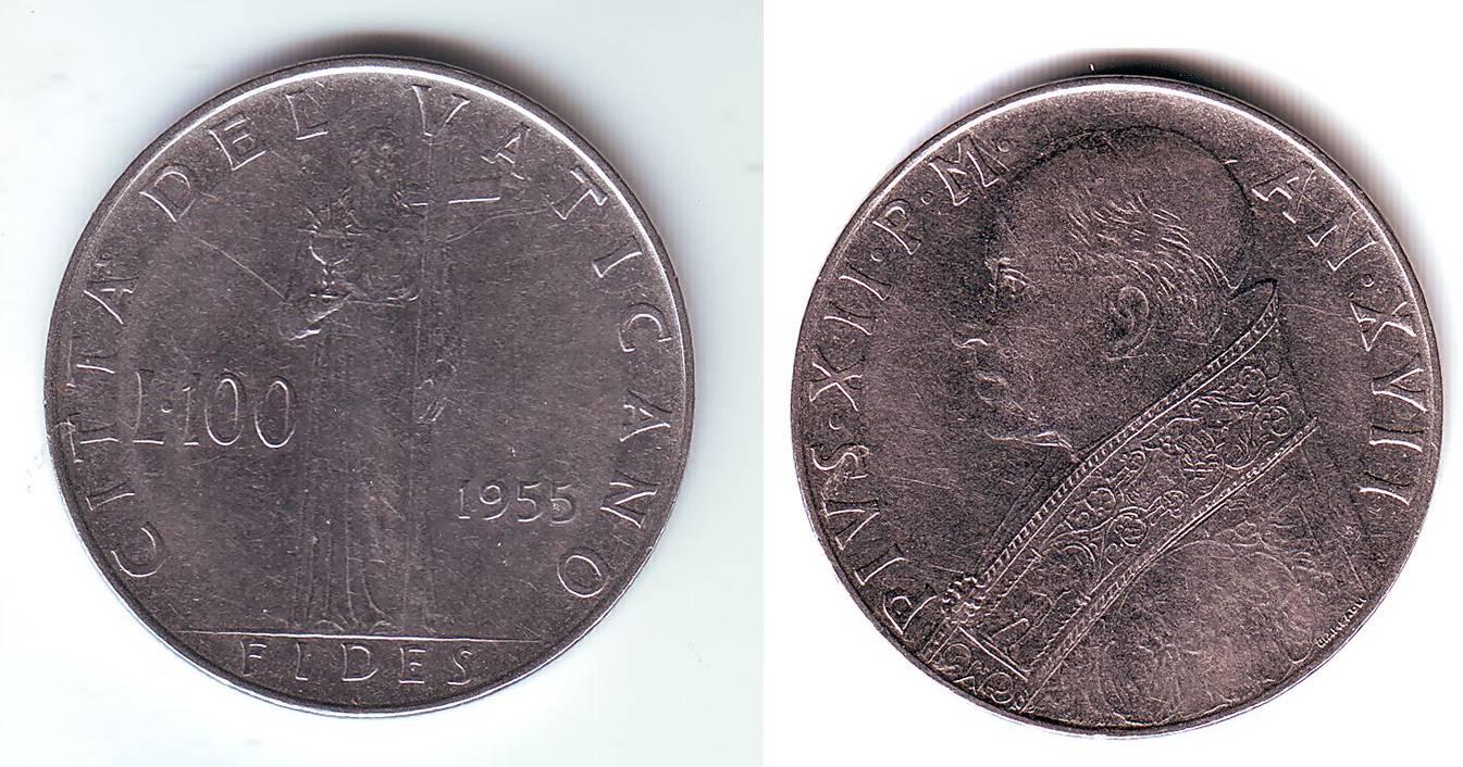 Vatikan 100 Lire 1955 Fideso - Papst Pius XII. (1939-1958) EF / CH UNC. | MA-Shops