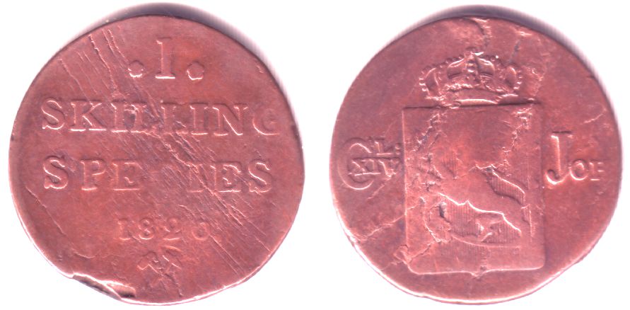 Norwegen 1 Skilling 1820 Carl XIV. Johann F / VF / SF | MA-Shops