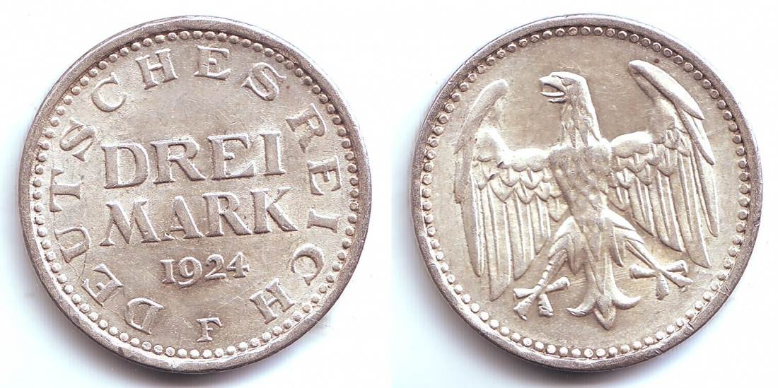 Weimarer Republik 3 Mark 1924 F Kursmünze aEF | MA-Shops