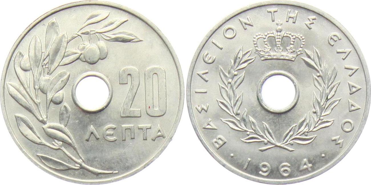 Griechenland 20 Lepta 1964 Konstantin II. (1964 - 1973) prägefrisch ...