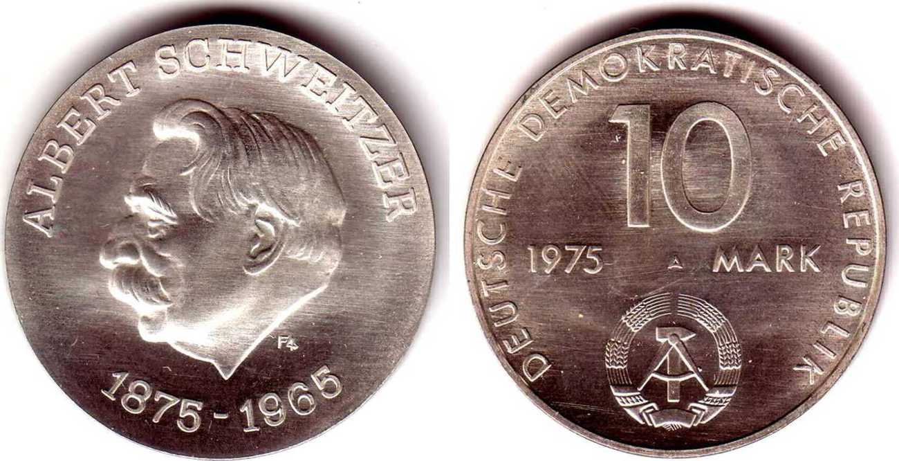 DDR 10 Mark Probe 1975 Albert Schweitzer - Motiv-Probe BU in Kapsel ...