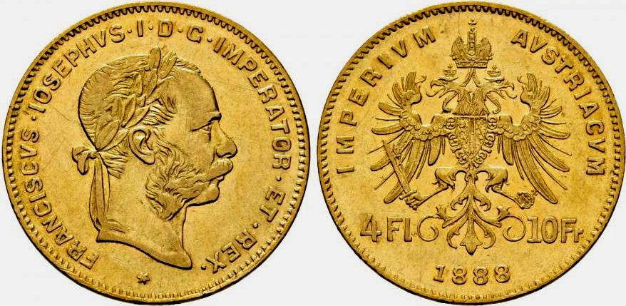 Österreich - Haus Habsburg 4 Fl - 10 Fr. 1888 Wien Kaiser Franz Joseph I. (1848-1916) mit ...