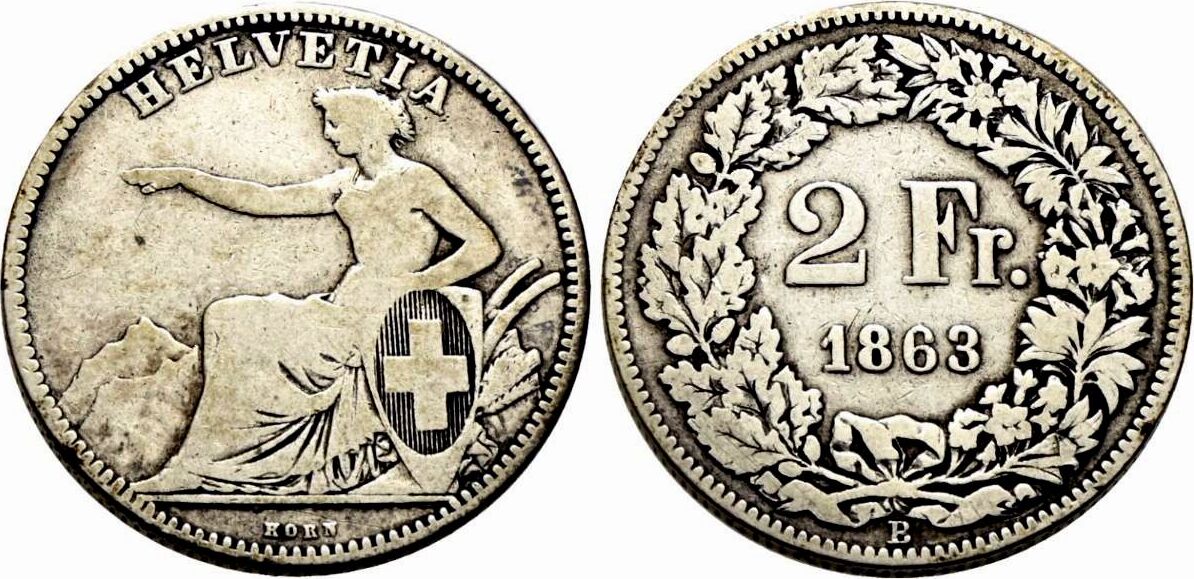 Schweiz 2 Franken 1863 B Helvetia VF | MA-Shops