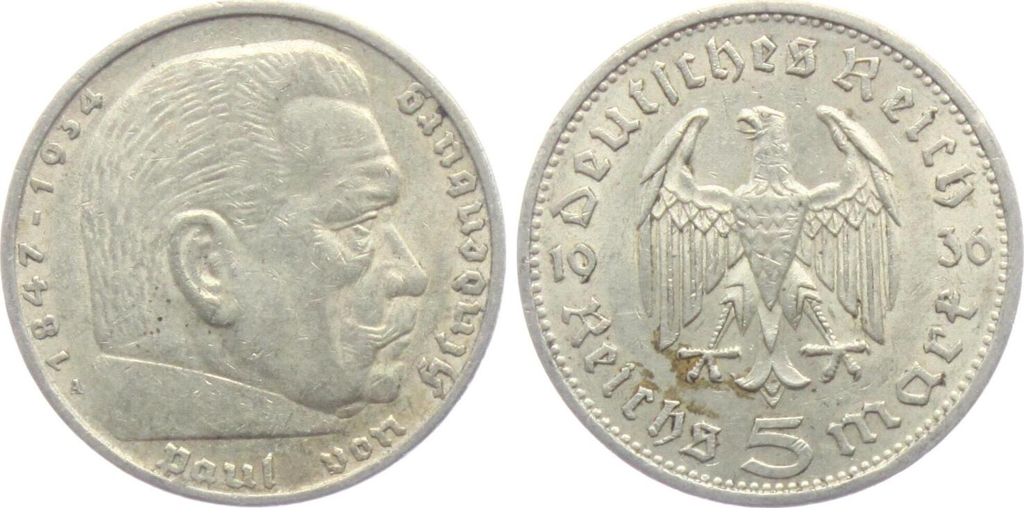 Drittes Reich 5 Reichsmark 1936 A Hindenburg - mit Reichsadler VF | MA ...