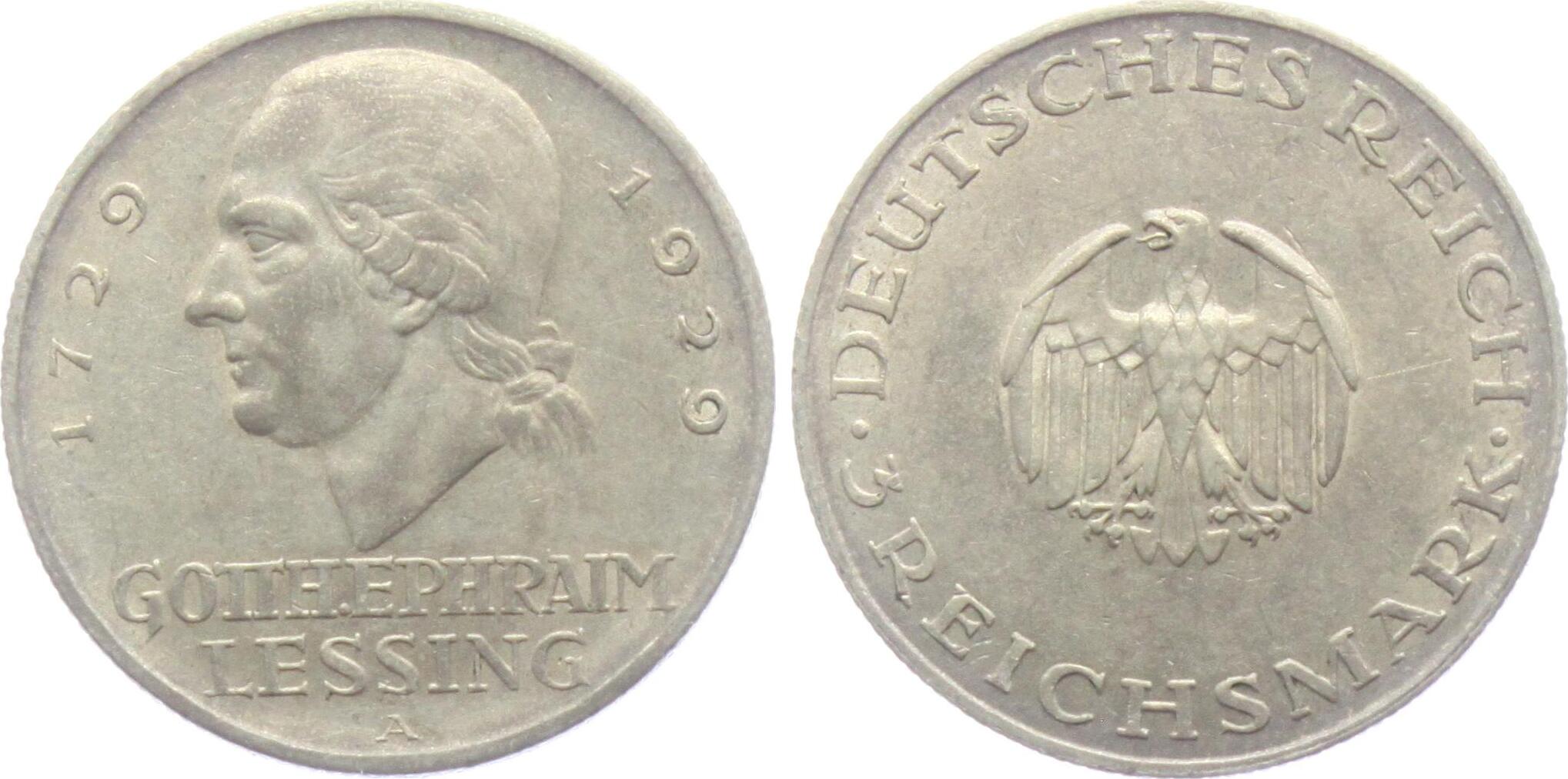 Deutsches Reich - Weimarer Republik 1929 A 3 Mark Lessing aEF | MA-Shops