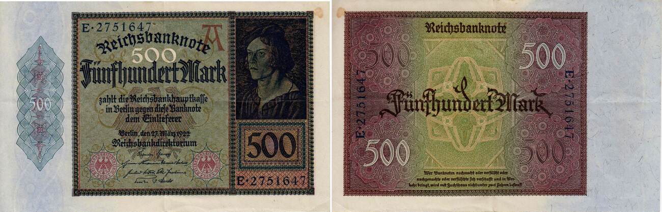 Inflation - Weimarer Republik - 1922 - A/E - 500 Mark - Junker Mayer VF ...