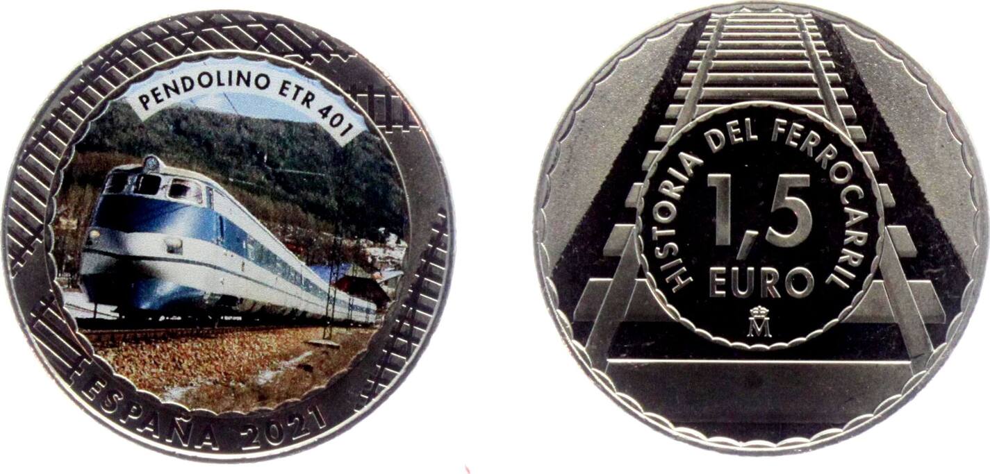 Spanien 1,5 Euro 2021 Historische Eisenbahn - Pendolino ETR 401 st ...