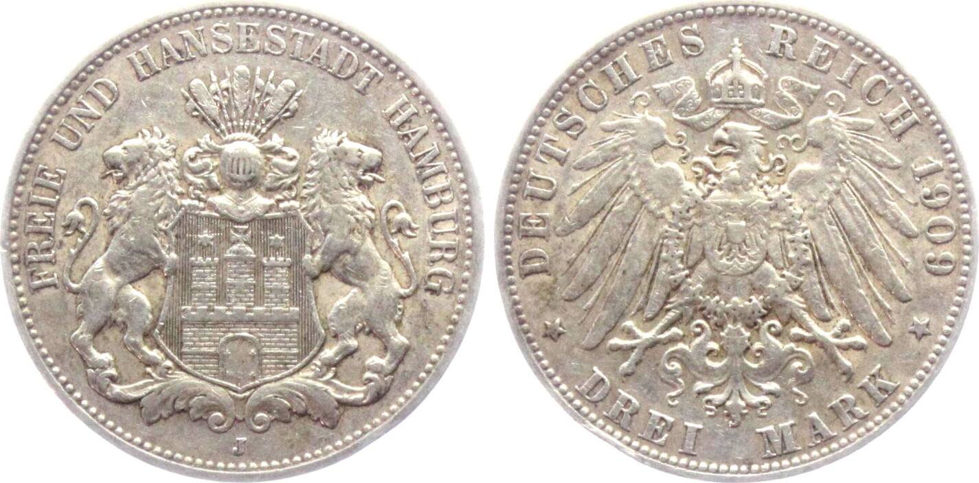 Hamburg 3 Mark 1909 J Stadtwappen großer Adler VF | MA-Shops