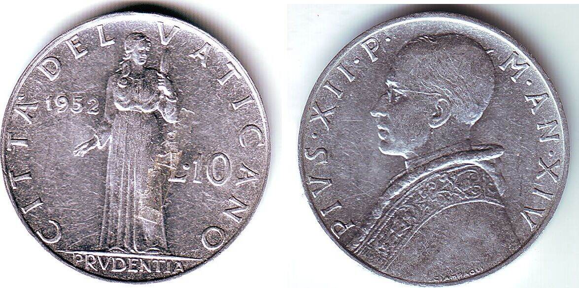 Vatikan 10 Lire 1952 Prudentia - Papst Pius XII. (1939-1958) EF | MA-Shops