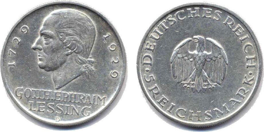 Deutsches Reich - Weimarer Republik 1929 D 5 Mark Lessing EF | MA-Shops