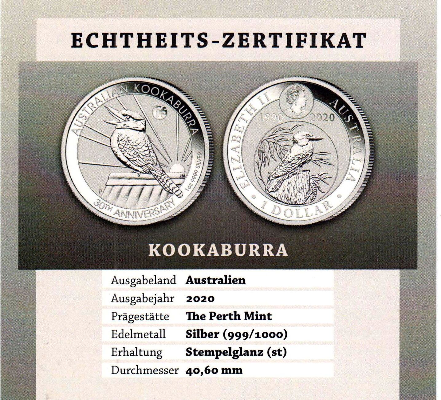 Australien 1 Dollar 2020 Kookaburra - 30. Jubiläum BU / BU in Kapsel mit Zertifikat | MA-Shops
