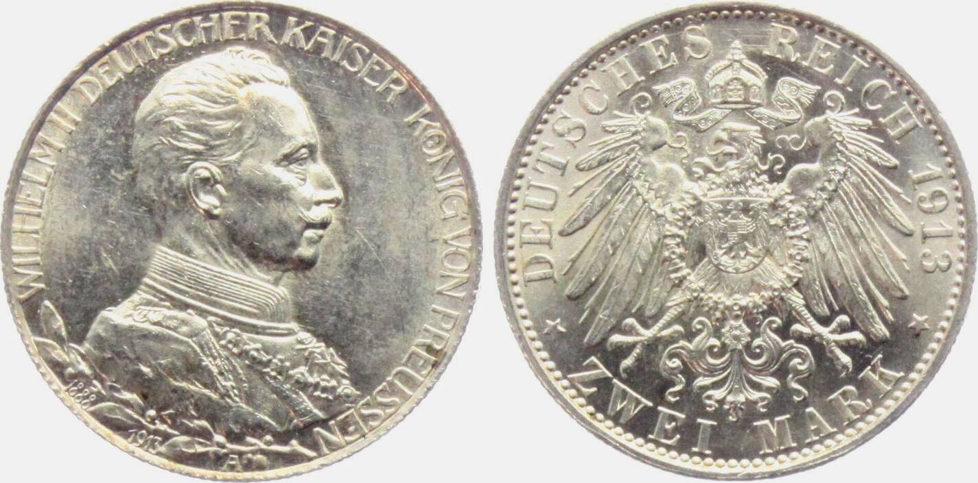 Preussen - Kaiserreich 2 Mark 1913 A Kaiser Wilhelm II. (1888-1918 ...