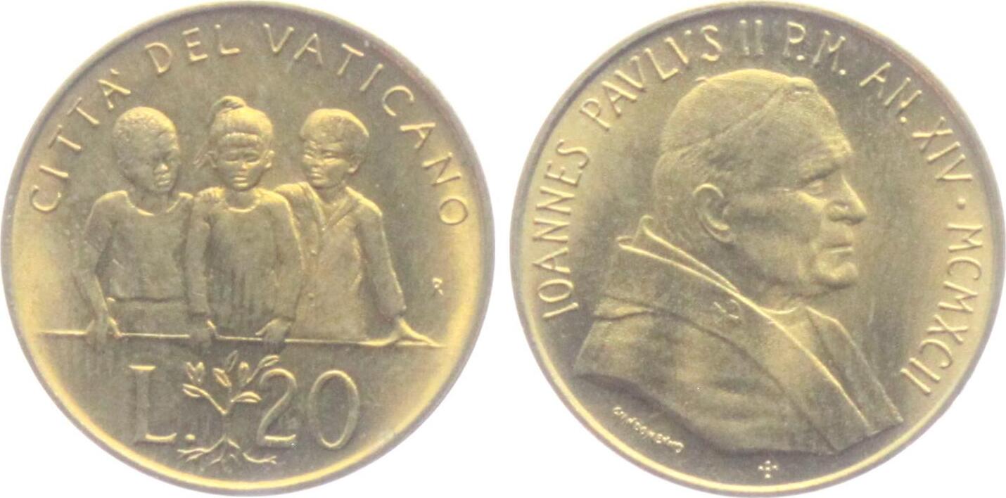 Vatikan 20 Lire 1992 Papst Johannes Paul II. - Kinder BU | MA-Shops