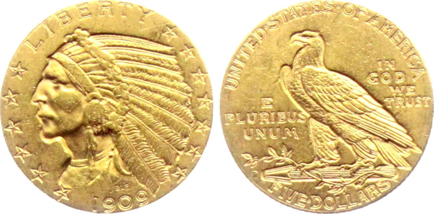 USA 5 Dollar 1909 D Indian Head EF | MA-Shops