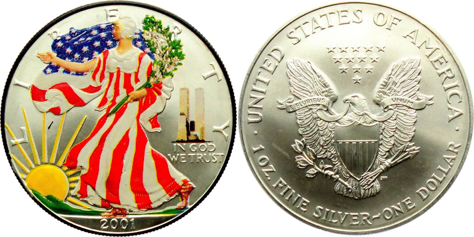 USA 1 Dollar 2001 Silber Eagle mit World Trade Center in Farbe st ...