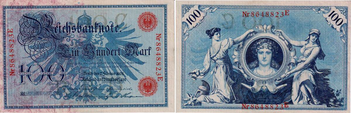 Deutsches Reich Banknote - 100 Mark - 1908 - D/E - rote Siegel EF | MA ...
