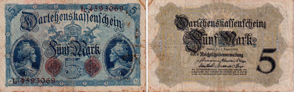 Deutsches Reich 1914 Banknote - 5 Mark - Kn-Nr. braun 7-stellig - Serie ...