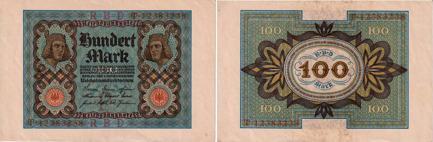 Inflation Banknote - 100 Mark - 1920 - Kn-Nr. rot - 8-stellig - Serie T ...