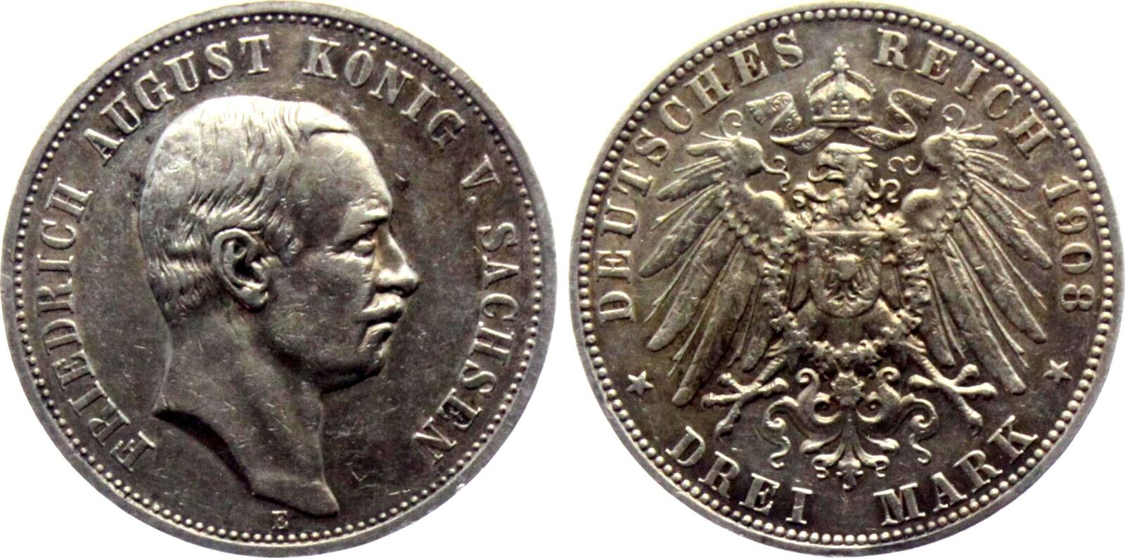 Sachsen - Kaiserreich 3 Mark 1908 E König Friedrich August III. von ...
