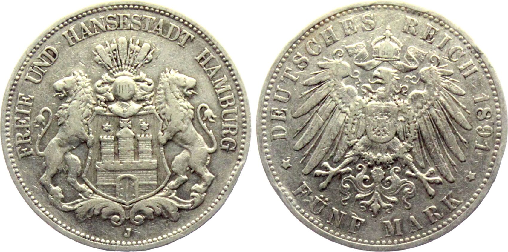 Hamburg - Kaiserreich 1891 J 5 Mark Stadtwappen - großer Adler VF | MA-Shops