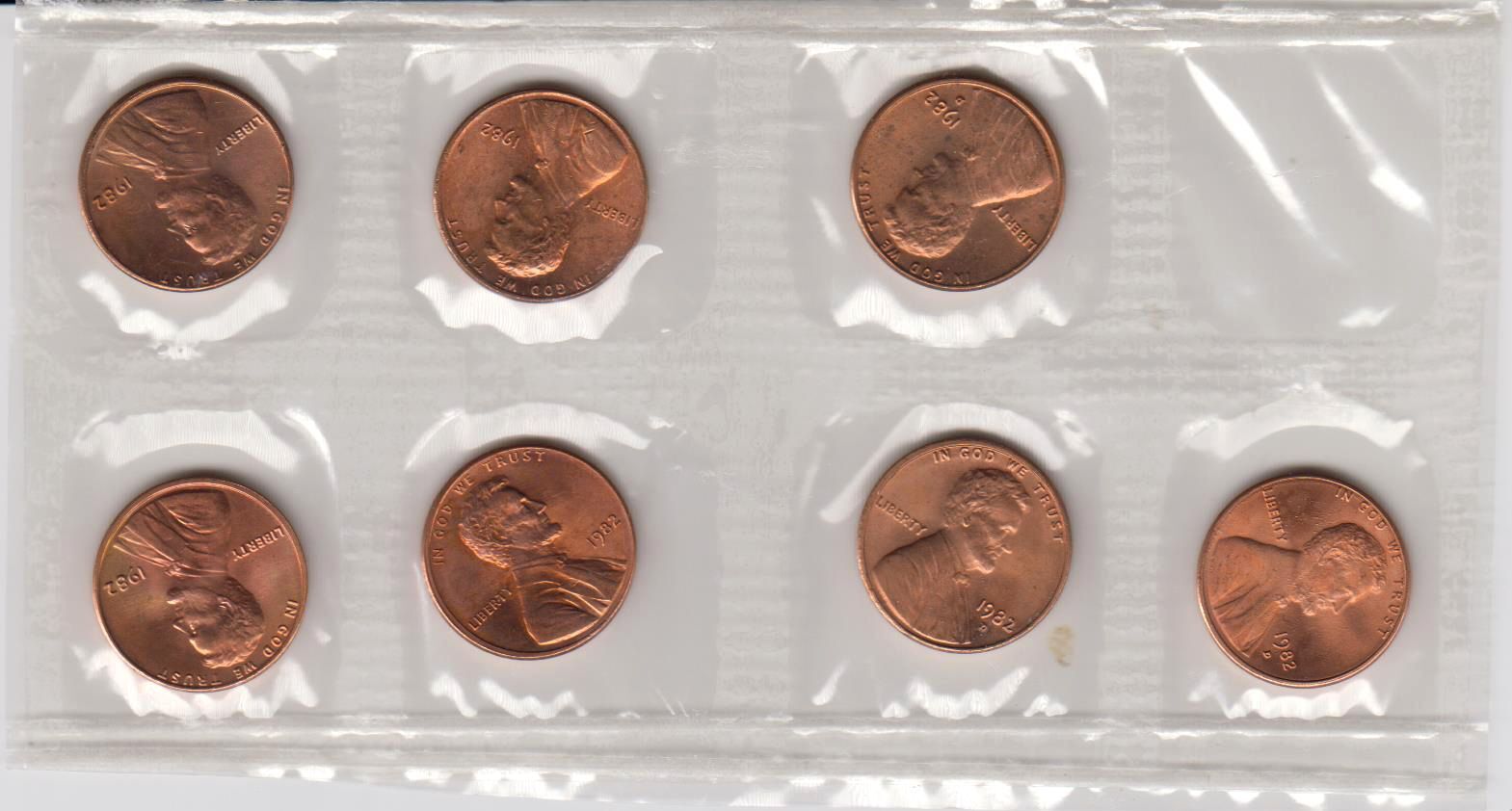 USA 7x 1 Cent 1982 B.Franklin - 7 Varieties-Set BU im Folder | MA-Shops