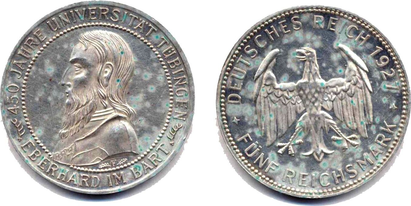 Deutsches Reich - Weimarer Republik 5 Mark 1927 F Uni Tübingen ...