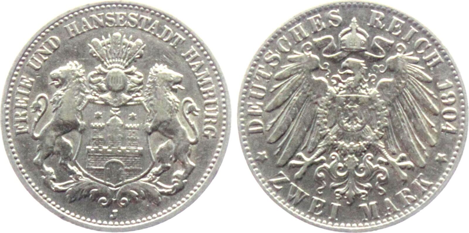 Hamburg - Kaiserreich 2 Mark 1904 J Stadtwappen - großer Adler VF+ | MA-Shops