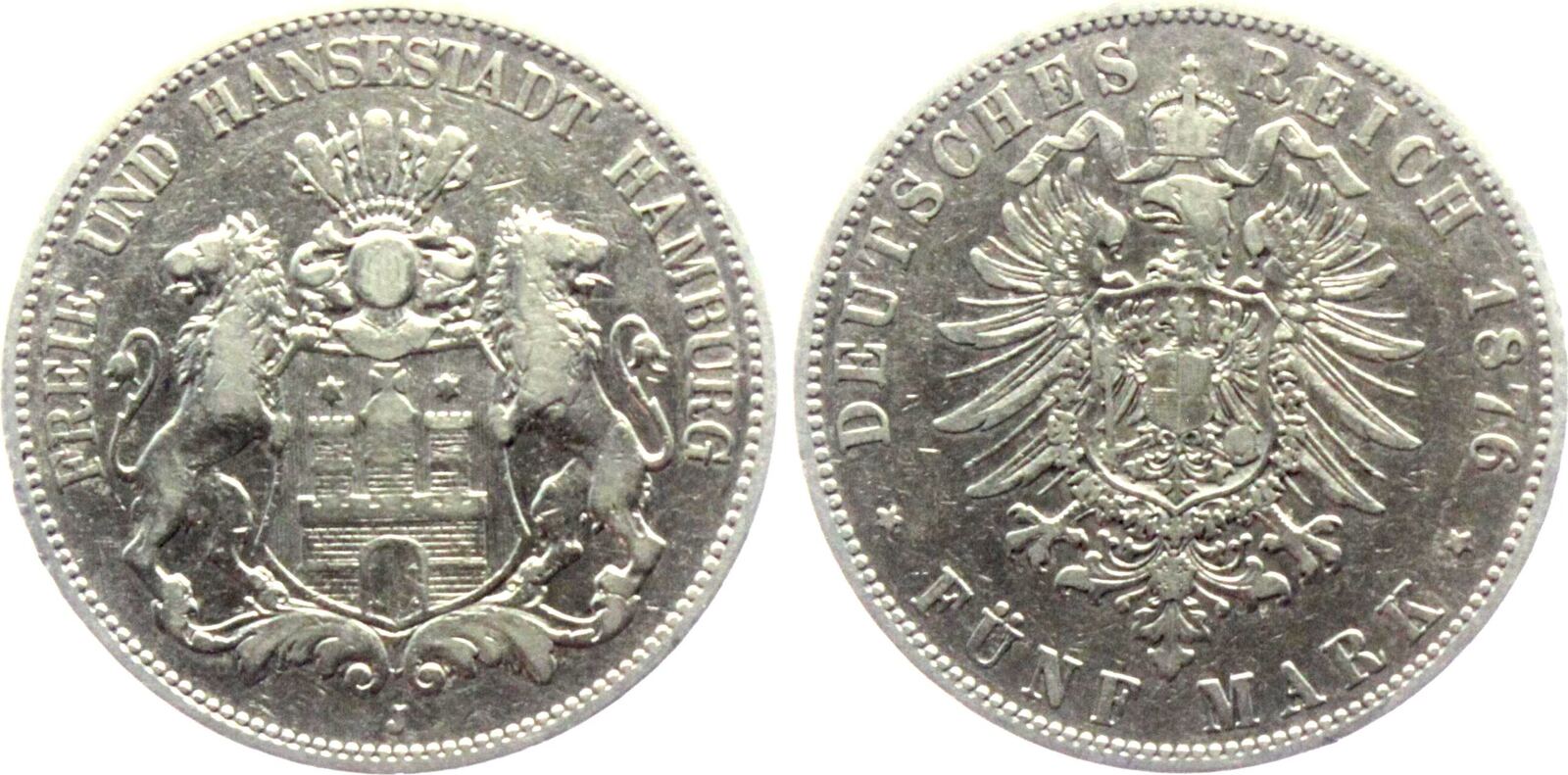 Hamburg - Kaiserreich 5 Mark 1876 J Stadtwappen - kleiner Adler VF | MA-Shops