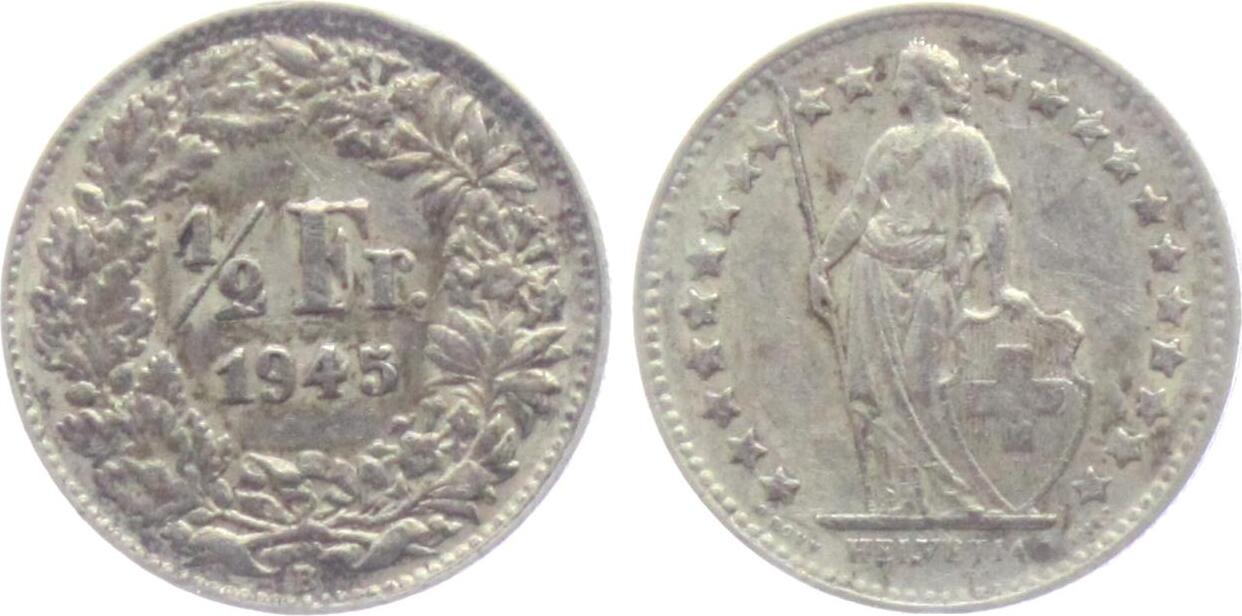 Schweiz 1/2 Franken 1945 B stehende Helvetia VF | MA-Shops