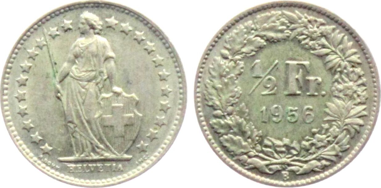Schweiz 1/2 Franken 1956 B Stehende Helvetia CH UNC | MA-Shops