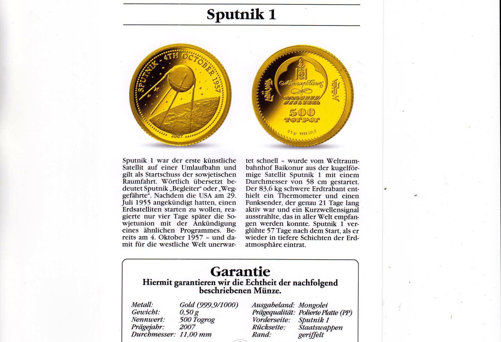 Mongolei 500 Tögrög 2007 Sputnik 1 Proof in Kapsel mit Echtheitszertifikat | MA-Shops