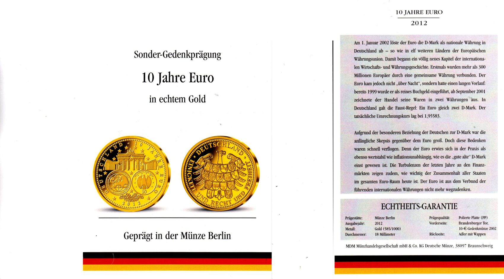 Deutschland Goldmedaille 2012 10 Jahre Euro Proof in Kapsel mit ...