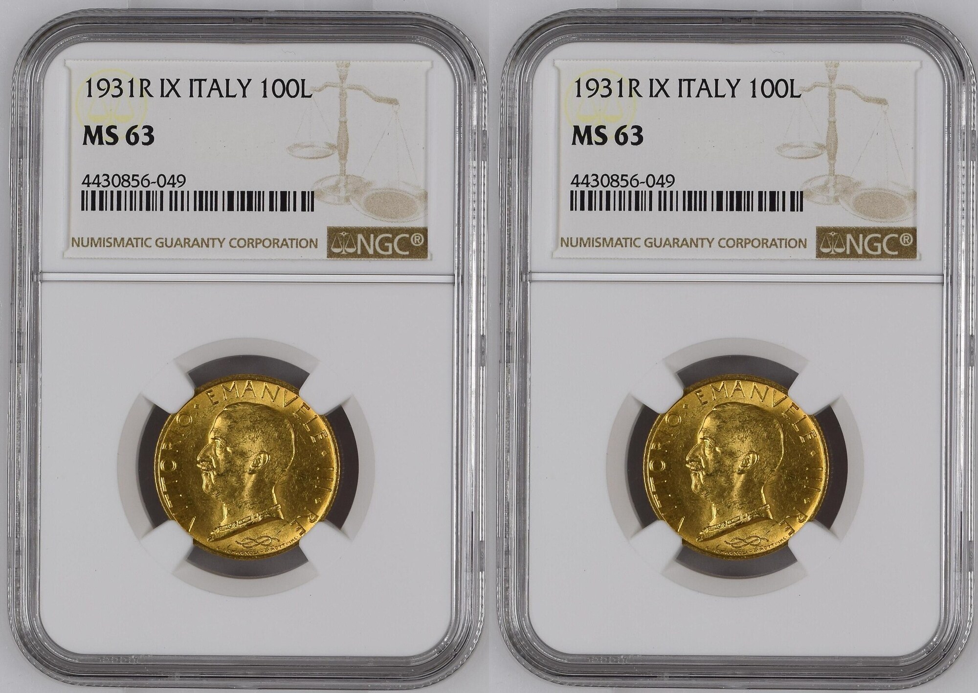 ITALY 100L 1931R IX Vittorio Emanuele III. (1900-1946) NGC MS 63 | MA-Shops