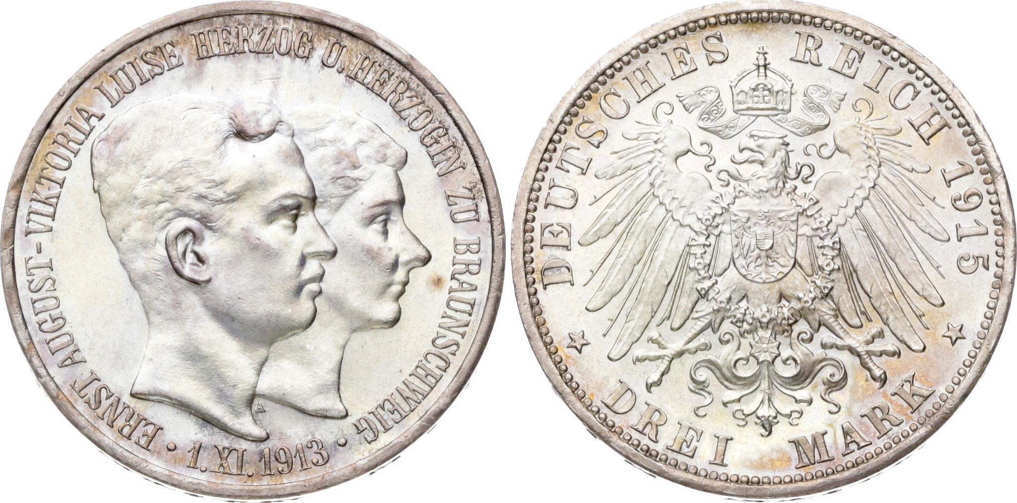 Braunschweig 3 Mark 1915 A Ernst August 1913-1916. Prachtexemplar. CH UNC | MA-Shops