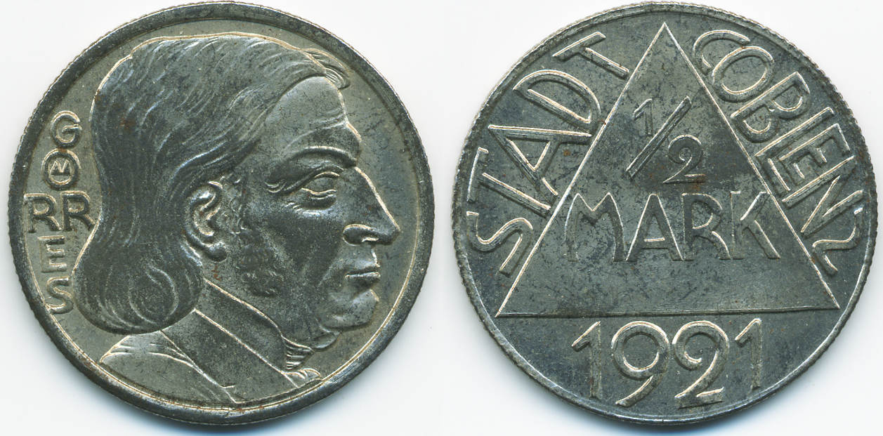 Rheinprovinz 1/2 Mark Coblenz - Eisen vernickelt 1921 (Funck 80.9Ab ...