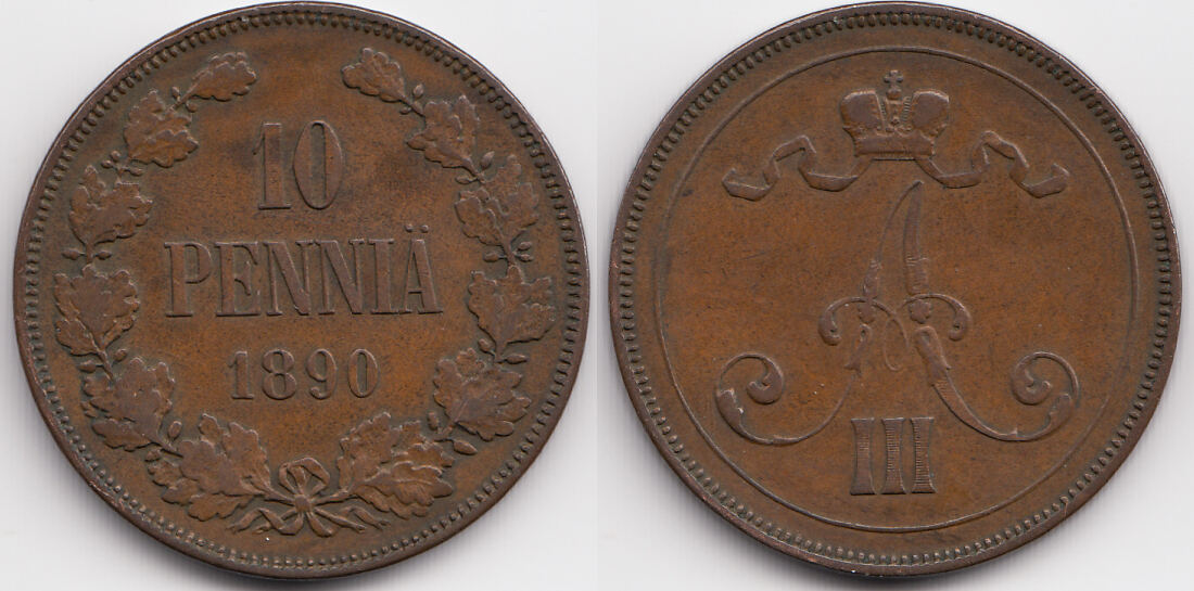 Finnland - Finland 10 Penniä 1890 Alexander III. von Russland 1881-1894 ...