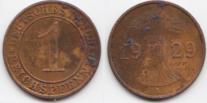 Weimarer Republik 1 Reichspfennig 1929 A Kupfer sehr schön+ - leicht ...