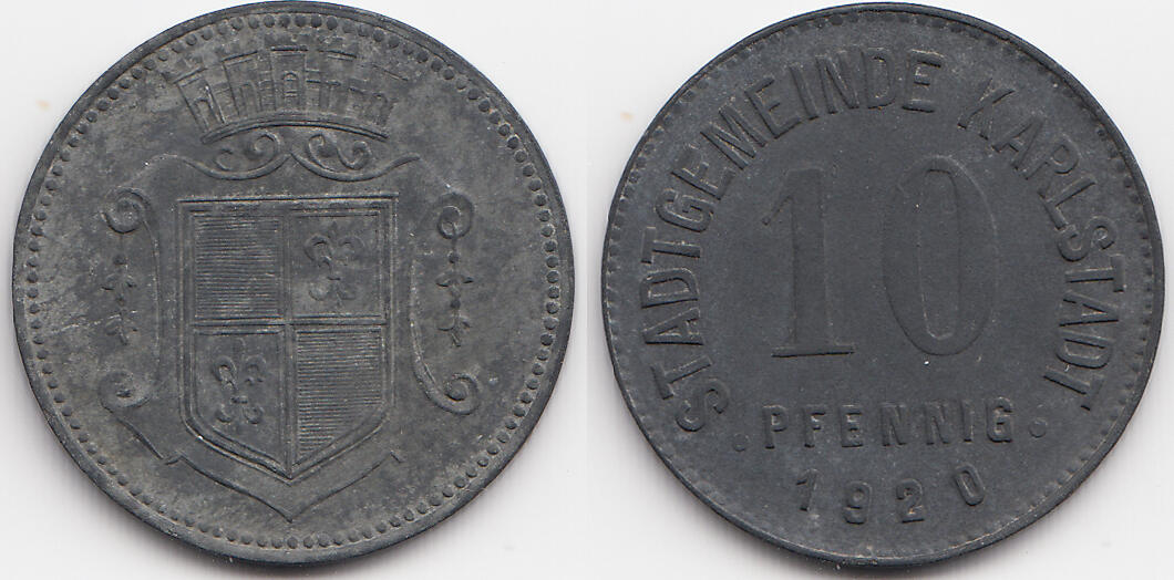 Bayern 10 Pfennig Karlstadt - Zink 1920 (Funck 233.8) aEF | MA-Shops