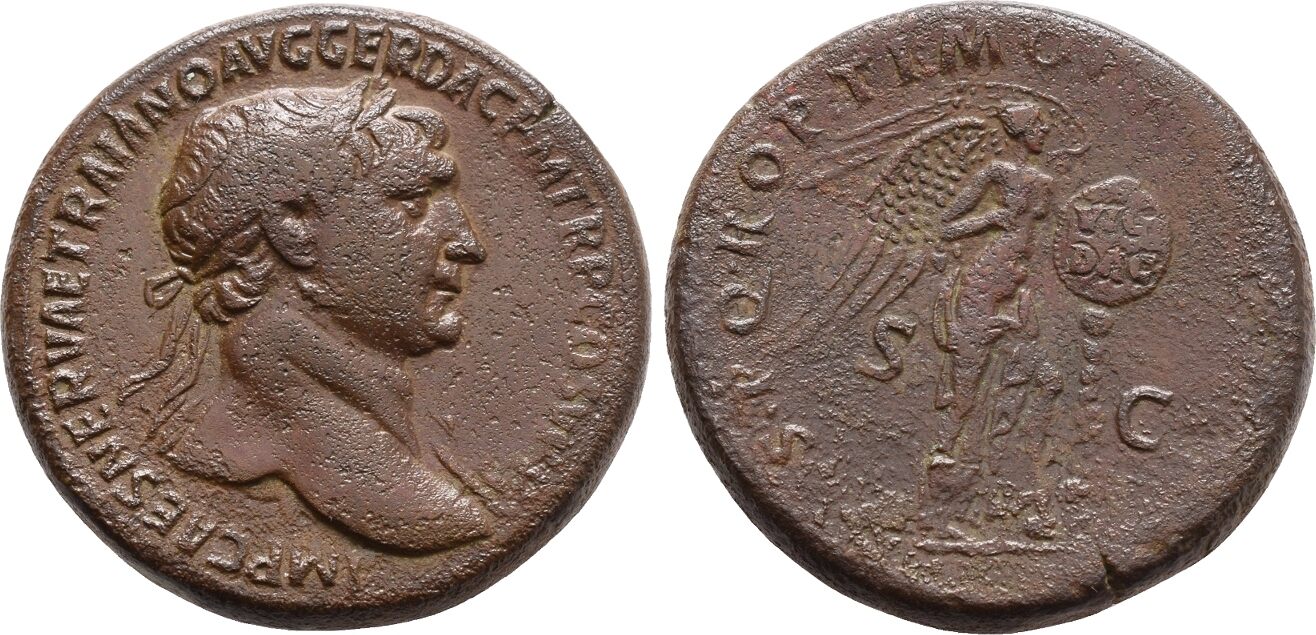 Trajan (98-117) Sesterz 104/105-107 n. Chr. Roma, Victoria hält Schild ...