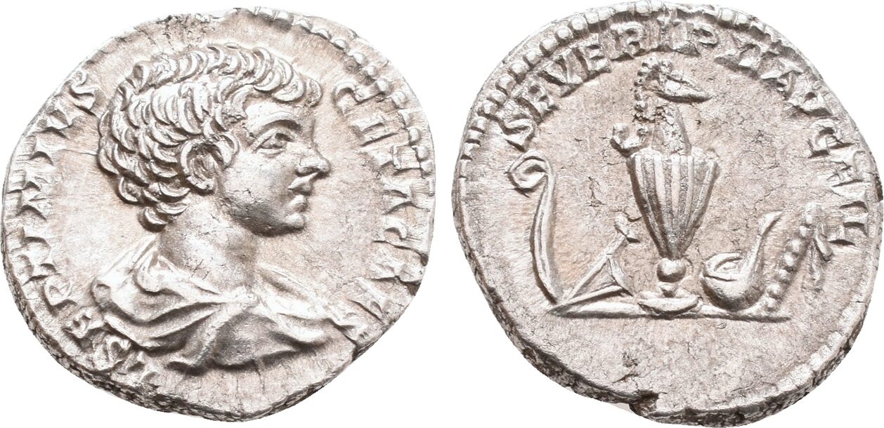 Geta Caesar (198-209) Denar 198-200 n. Chr. Roma, Priestergeräte ...