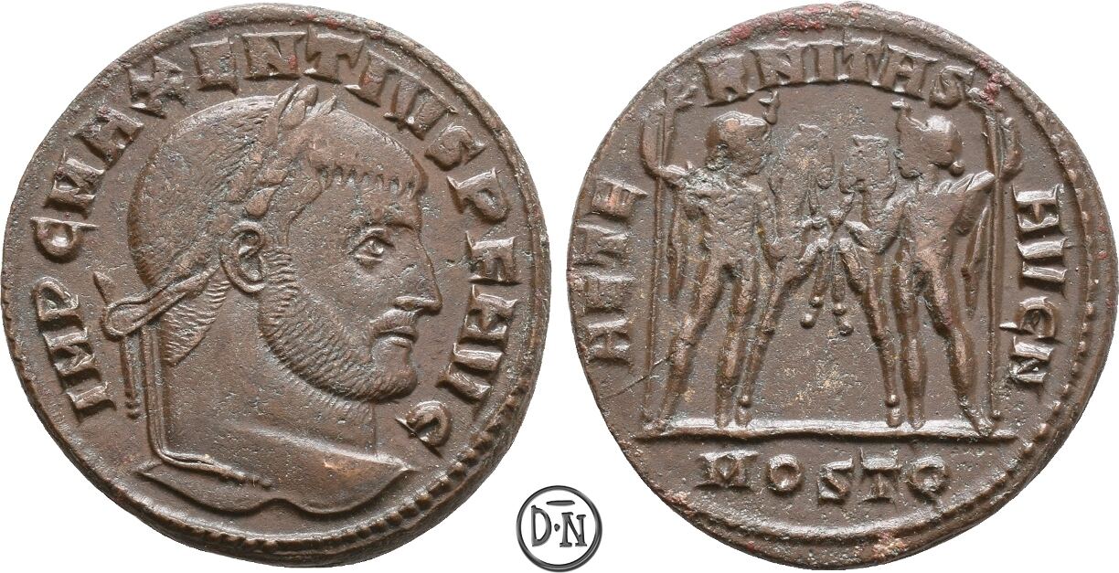 Maxentius (306-312) Follis 309-312 n. Chr. Ostia, Dioskuren mit Lanzen ...