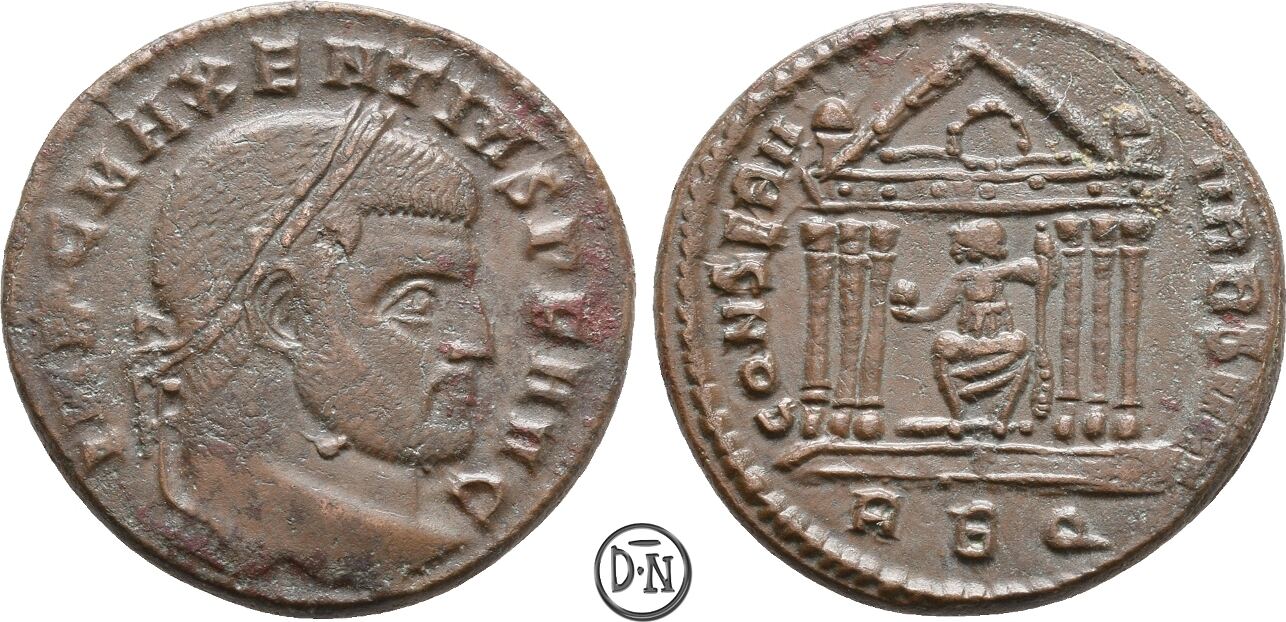 Maxentius (306-312) Follis 308-310 n. Chr. Rom, Tempel der Roma, VF+ ...